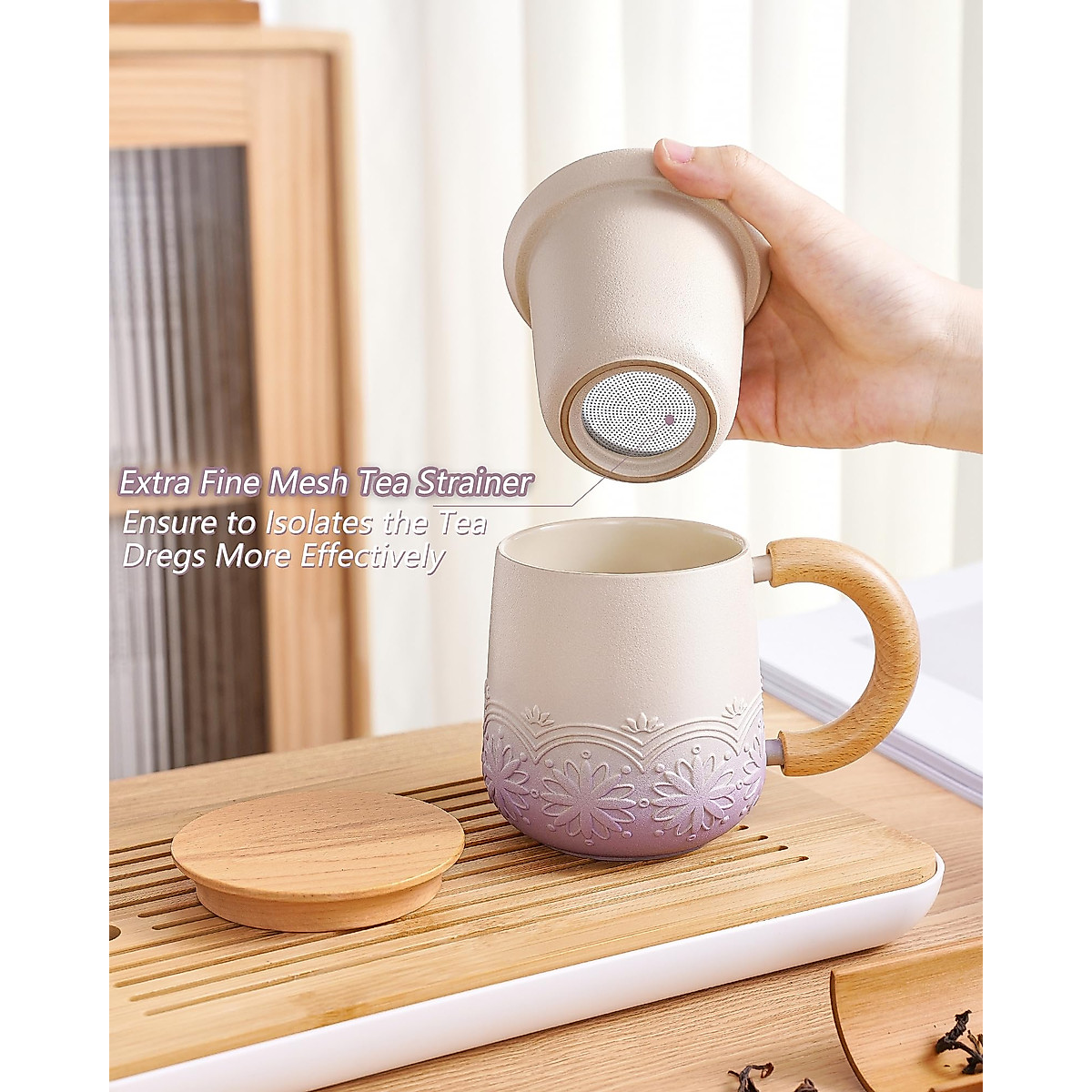 ZENS Tea Mug with Infuser and Lid for Loose Leaf Tea Steeper, 11 oz Embossed Ceramic Tea Cup with Strainers for Tea Steeper, Wood Handle Gradient Tea Cup for Daughter, Collector's Mug Gifts