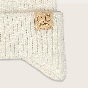 C.C Baby Double Fur Pom Pom Beanie with Ear Flap for Boys Girls Soft Warm Infant Toddler Knit Skully Hat with Faux Fur Ivory