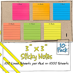 Better Office Products Lined Sticky Notes 3 x 3, 10 Pack, 1,000 Sheets (100/Pad), Self Stick Notes with Lines, Bright Assorted Colors, Post Memos, Strong Adhesive, 10 Pads