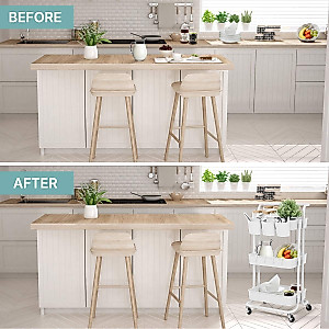 LEZIOA 3 Tier Rolling Cart, Ajustable Art Craft Cart Organizer on Wheels, Metal Utility Storage Cart with Handle for Kitchen Bathroom, Mobile Multifunctional Salon Trolley Makeup Cart, Easy Assembly