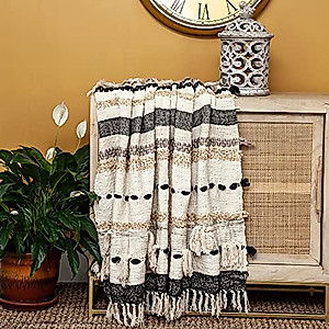 CC Home Furnishings Beige and Black Eclectic Woven Handloom Throw Blanket 52" x 67"