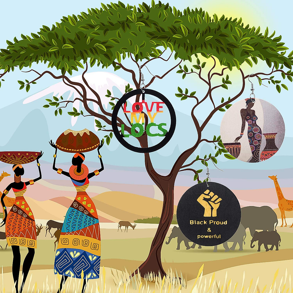 12 Pairs African Map Women Earrings Round Natural Wooden Painted Earrings Ethnic Style Dangle Earring (Letter Queen)