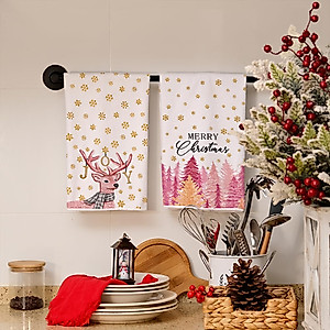 ARKENY Christmas Kitchen Towels Set of 2,Pink Xmas Tree Merry Christmas Dish Towels 18x26 Inch,Hoilday Farmhouse Home Decoration AD105