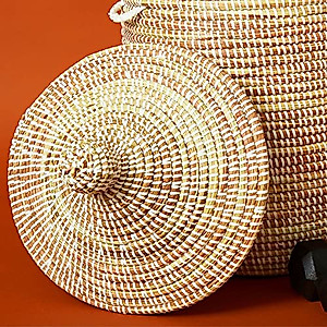 Senegal Large Solid White Color Hand Woven Grass Basket with Hooded Lid