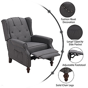 Consofa Wingback Recliner Chair with Massage and Heat Tufted Fabric Push Back Arm Chair for Living Room Vintage Recliner Chair with Remote Control, Padded Cushion, Backrest, Wooden Legs