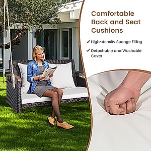 HAPPYGRILL 2-Seater Hanging Swing, Outdoor PE Rattan Hanging Swing with Curved Acacia Wood Armrests, Padded Cushions, Porch Swing Bench, Perfect for Patio Garden Deck, 800 lbs Weigh Capacity