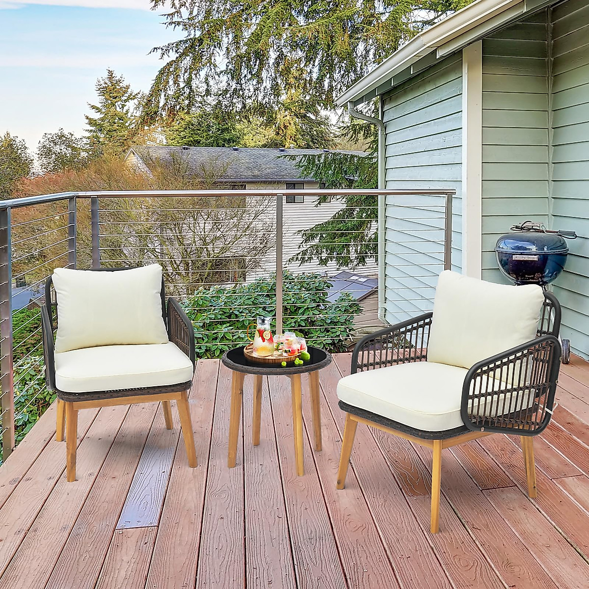 HAPPYGRILL 3 Pieces Acacia Wood Patio Bistro Set, Wicker Outdoor Furniture Set with Cushioned Chairs and Tempered Glass Side Table, PE Rattan Wicker Chair with Table for Porch, Balcony, Deck