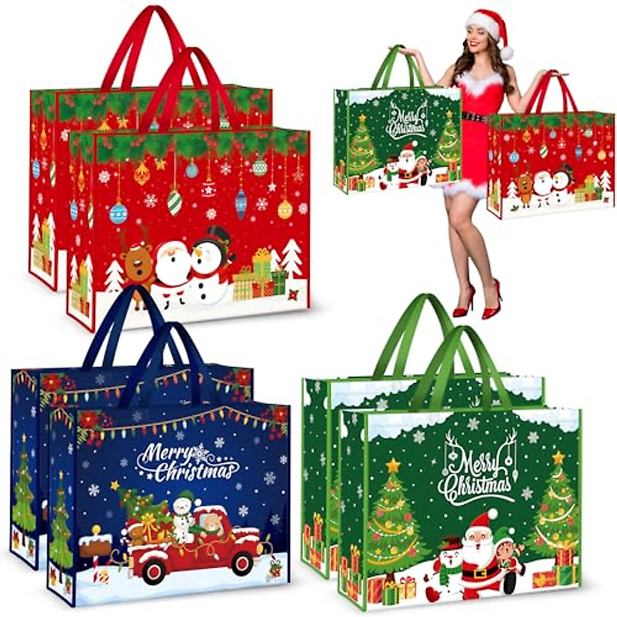Aliceset 6 Pcs Extra Large Christmas Gift Bags 22 x 17 Inch Reusable Non Woven Jumbo Tote with Handle for Xmas Gift Wrapping(Cute)
