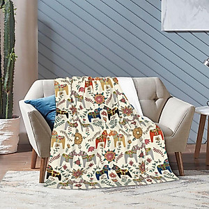 Swedish Dala Horses Throw Blanket Soft Fleece Blanket Men Women Gift for Kids Boys Girls for Party Couch Sofa Bed Deco Blankets 60x50 Inches