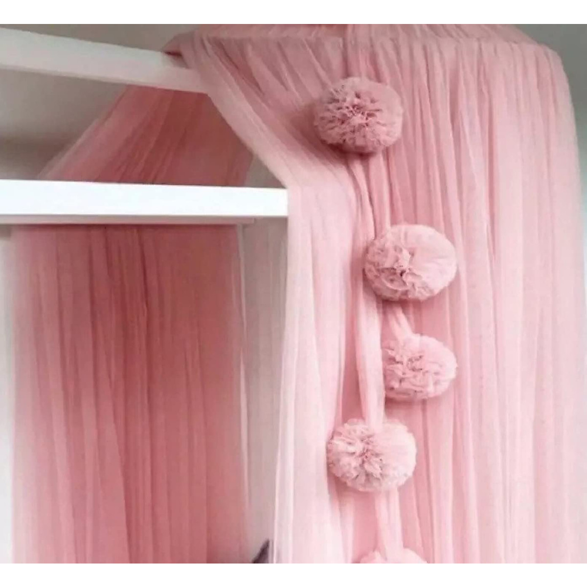 ADESIGNSTORE Baby Girl Pink Princess Canopy with tulle pom poms set of two Fluffy bedroom decoration Baby House play room nook decor