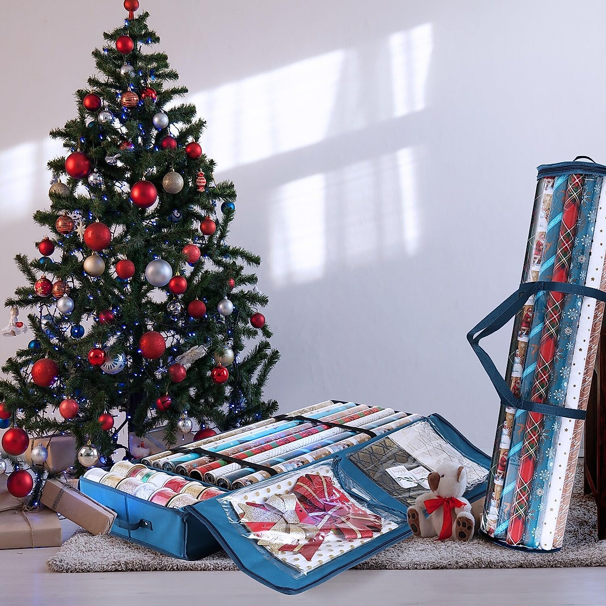 Hearth & Harbor Christmas Wrapping Paper Storage Containers - Gift Wrapping Organizer Storage Fits Up to 22 Rolls of 40" - Gift Wrap Organizer with Interior Pockets, Tear Proof - Gift Wrap Storage