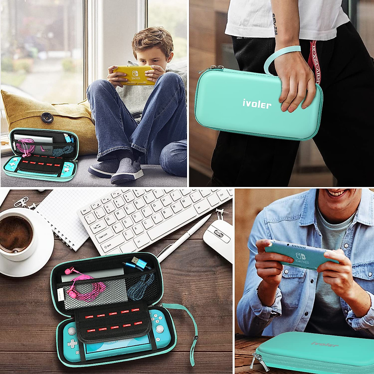 ivoler Carrying Case for Nintendo Switch Lite, Ultra Slim Portable Hard Shell Pouch Travel Game Bag for Switch Lite Accessories Holds 10 Game Cards,Turquoise
