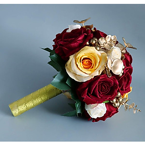 Abbie Home Burgundy & Gold Bridal Wedding Bouquet - Real Touch Silk Rose in Champagne with Gold Beads Eucalyptus Decoration for Wedding Vow Renewal