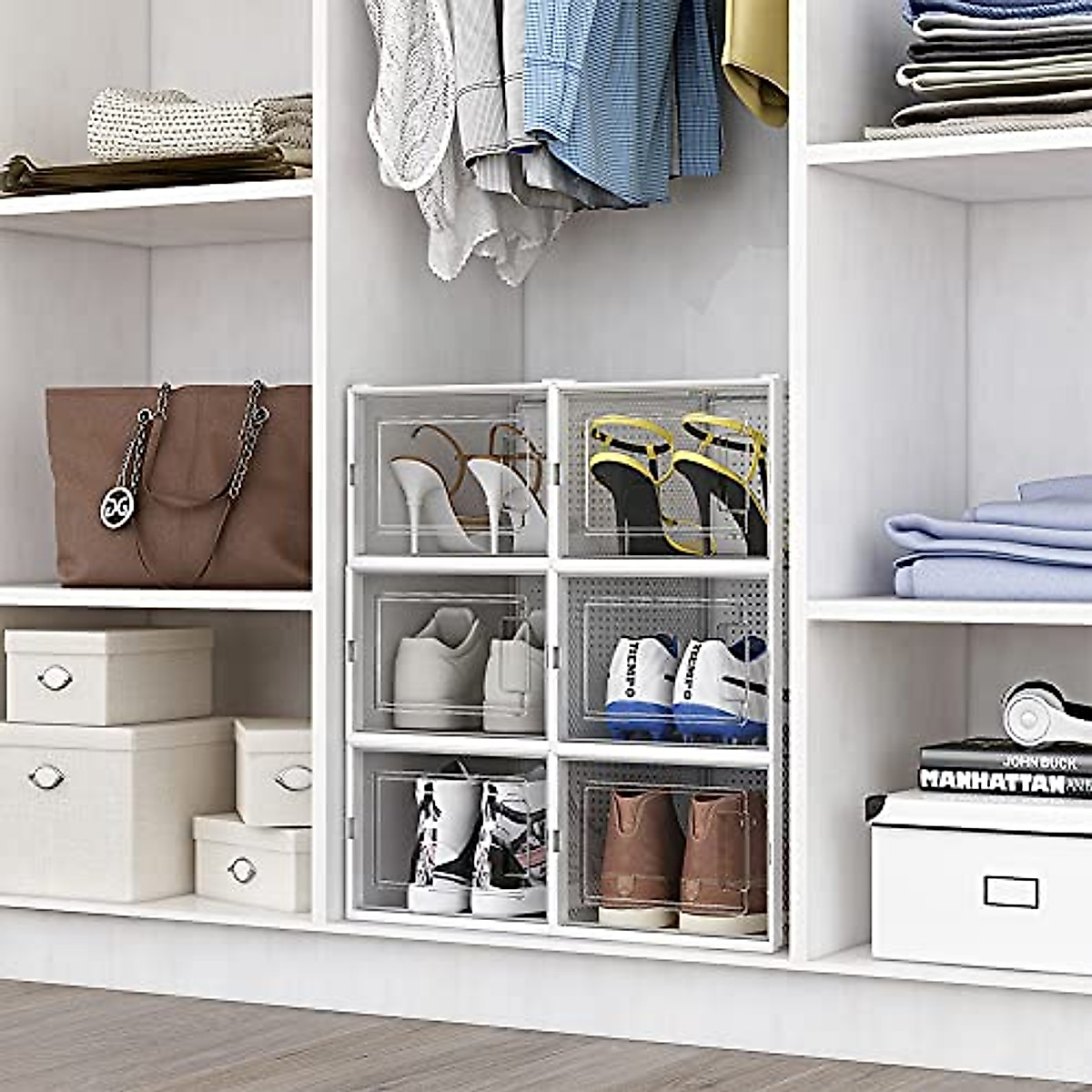 Crestlive Products 18 Pack Shoe Storage Box, Plastic Foldable Shoe Box, Stackable Clear Shoe Organizer Bins, Drawer Type Front Sneaker Containers (X-Large/White)