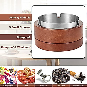 Outdoor Ashtray, Wooden Ash Tray with Lid, Windproof Ashtrays for Cigarettes with Stainless Steel Liner, Portable Ash trays for Indoor/Outside/Home/Office/Patio/Table/Balcony