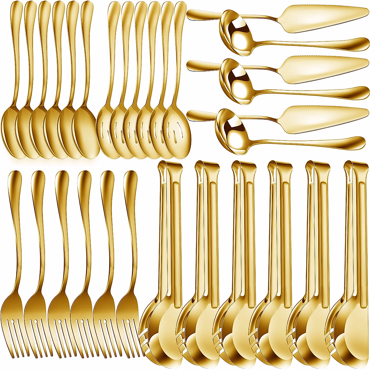 30 Pcs Stainless Steel Serving Utensils Set Serving Flatware Set Include Large Serving Spoons Slotted Spoons Serving Forks Soup Ladle Pie Server and Serving Tongs for Buffet Party (Gold)