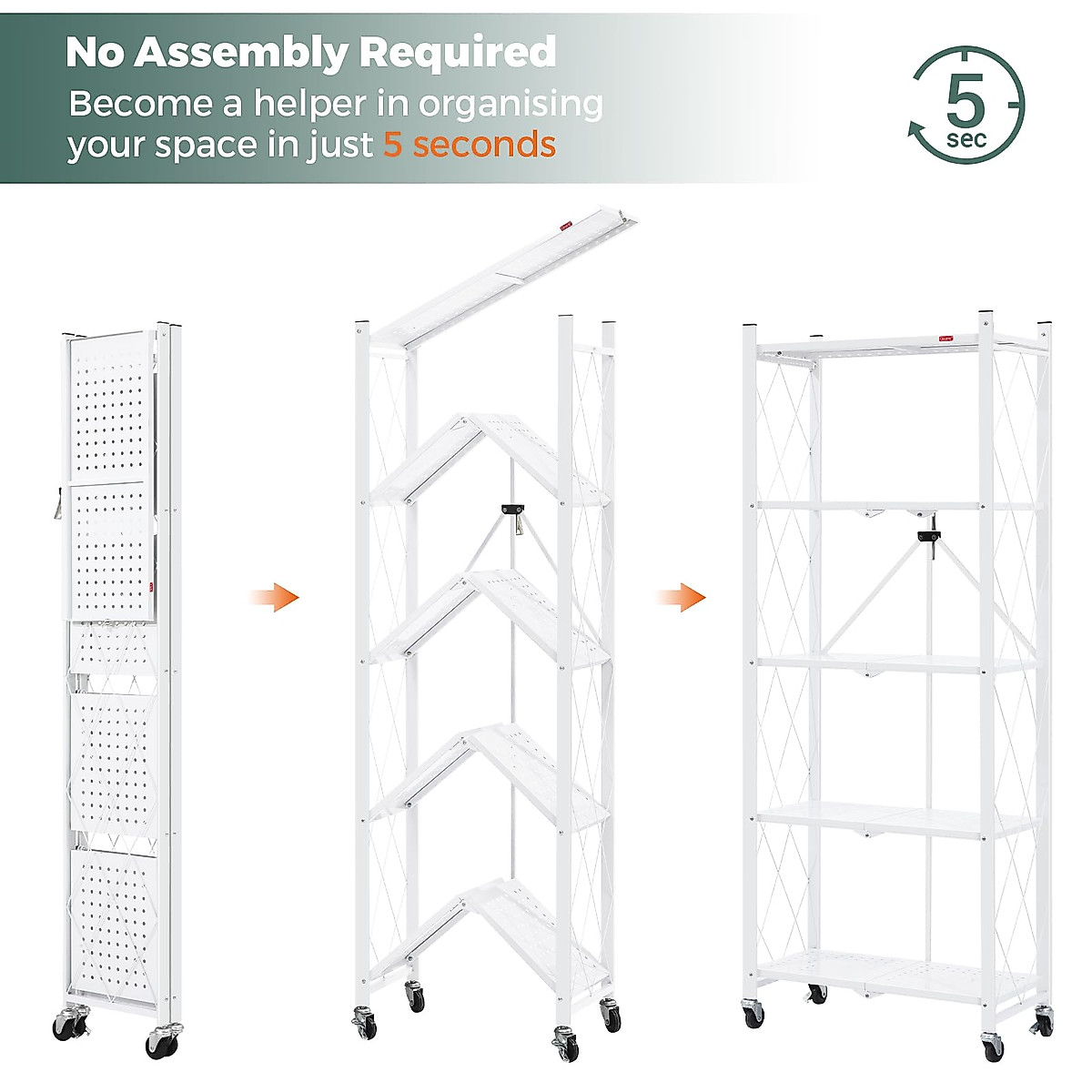 DEANIC 5-Shelf Folding Bookcase with Wheels, Heavy Duty Storage Shelves, Freestanding Metal Wire Shelving Unit for Living Room, Office, Kitchen, Basement, Pantry (White)