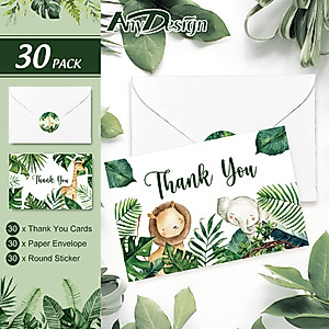 AnyDesign Woodland Thank You Cards with Envelopes Stickers Safari Jungle 30 Pack Watercolor Forest Animals Greenery Greeting Note Cards for Kids Girls Boy Children Birthday Baby Shower Party Supplies