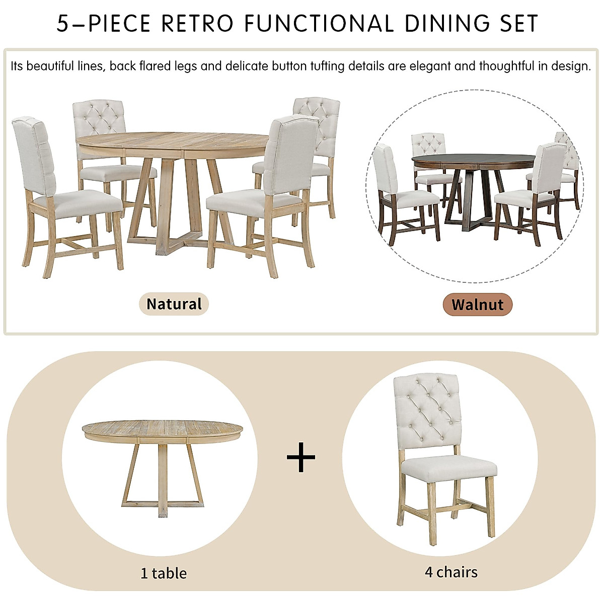 Lifeand 5-Piece Retro Functional Set, Round Table with a 16" w Leaf and 4 Upholstered Chairs for Dining Living Room,Natural