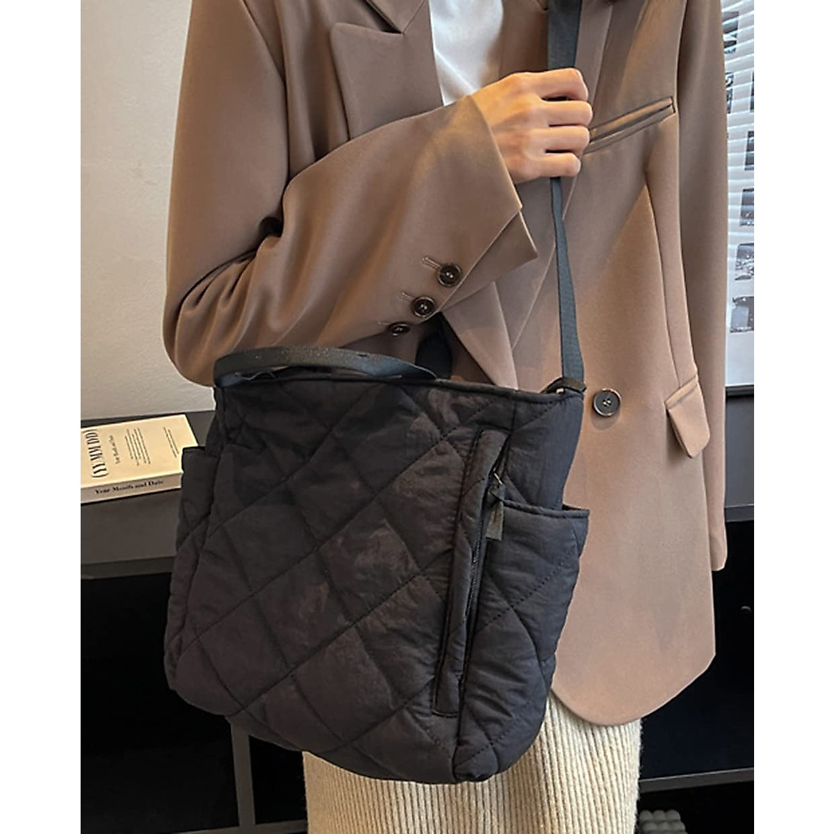 Women Quilted Tote Bag Puffer Hobo Handbag Lightweight Padding Shoulder Bag Nylon Padded Crossbody Purse Black One Size