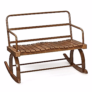 OLRIK Outdoor Rocking Chair, 2 Person Outdoor Rocking Chair with Coated Frame and Wooden seat Cushion, for Camping, Patio, Lawn, Garden, Yard or Balcony, Brown