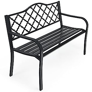 Tangkula Outdoor Steel Garden Bench, Patio Park Bench w/Iron Casted Seat, Armrest & Backrest, Outdoor Welcome Bench Chair Furniture Suitable for Garden Patio Yard
