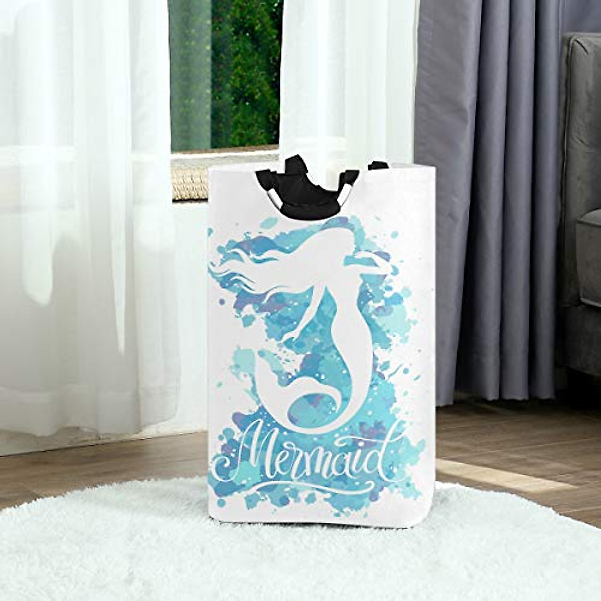 Kaariok Watercolor Mermaid Fantasy Fish Blue Laundry Hamper with Handles Waterproof Collapsible Storage Basket Large Dirty Clothes Bin for Laundry Room, 22.7 Inches