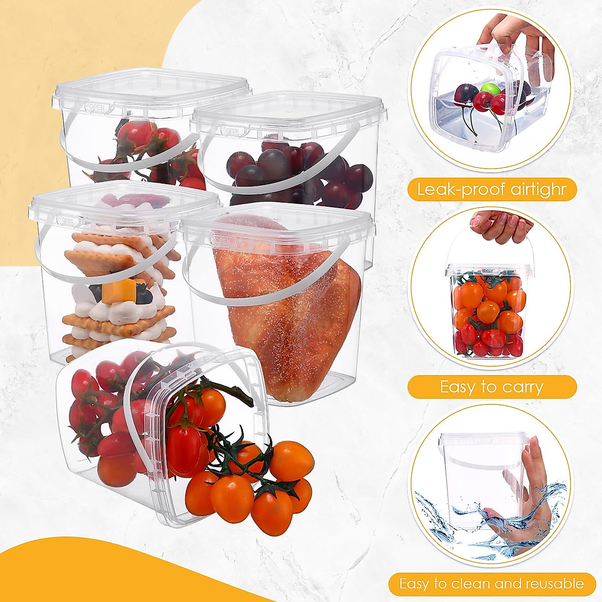 Menkxi 15 Pieces 34 oz Ice Cream Buckets with Lids Plastic Clear Deli Containers with Lids Transparent Airtight Square Bucket with Handles Canisters Storage Containers for Freezer Kitchen Home