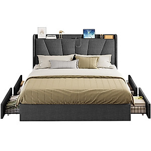LIKIMIO King Bed Frame and Upholstered Headboard, Platform Bed with Storage Drawers and Outlets, Sturdy, Noiseless, No Box Spring Needed, Easy Assembly, Dark Gray