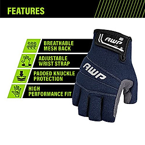 AWP Pro Fingerless Work Gloves for Men And Women, Form-Fitting Performance Design, Large, Navy Blue