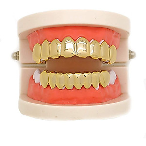 canjoyn 8 Teeth Grillz 18K Gold Top and Bottom Grills Set Shiny Hip Hop Teeth Grillz + Extra Molding Bars