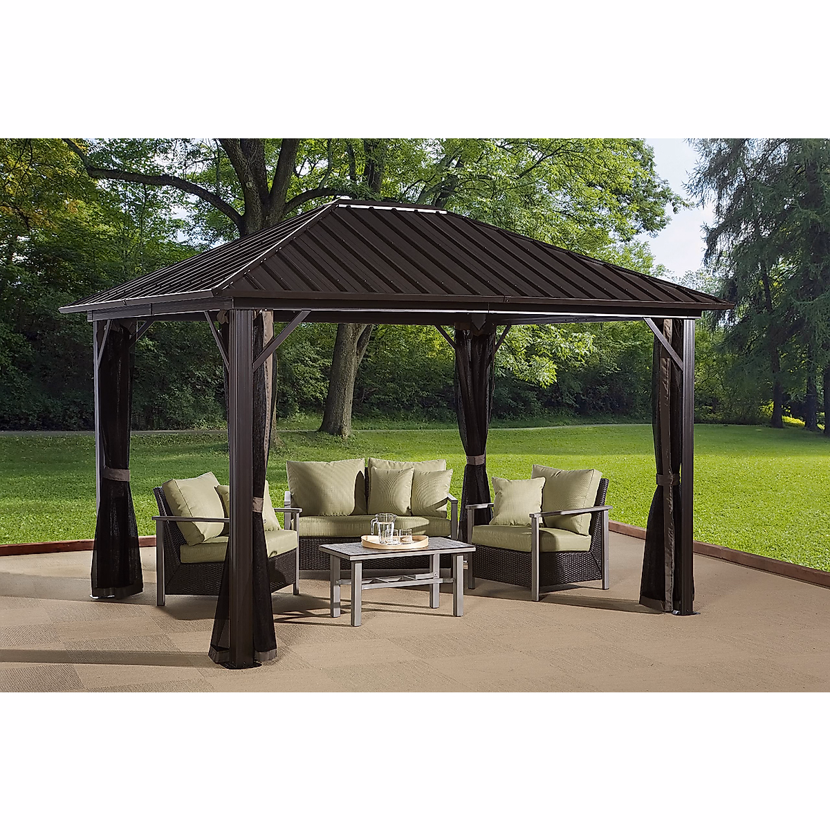 Sojag 10' x 12' Genova Hardtop Gazebo Outdoor Weather-Resistant Aluminum Frame Shelter with Mosquito Net Dark Brown