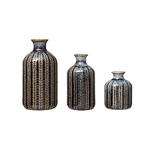 Embossed Stoneware Vase with Reactive Glaze Finish (Set of 3 Sizes) (DF3002)