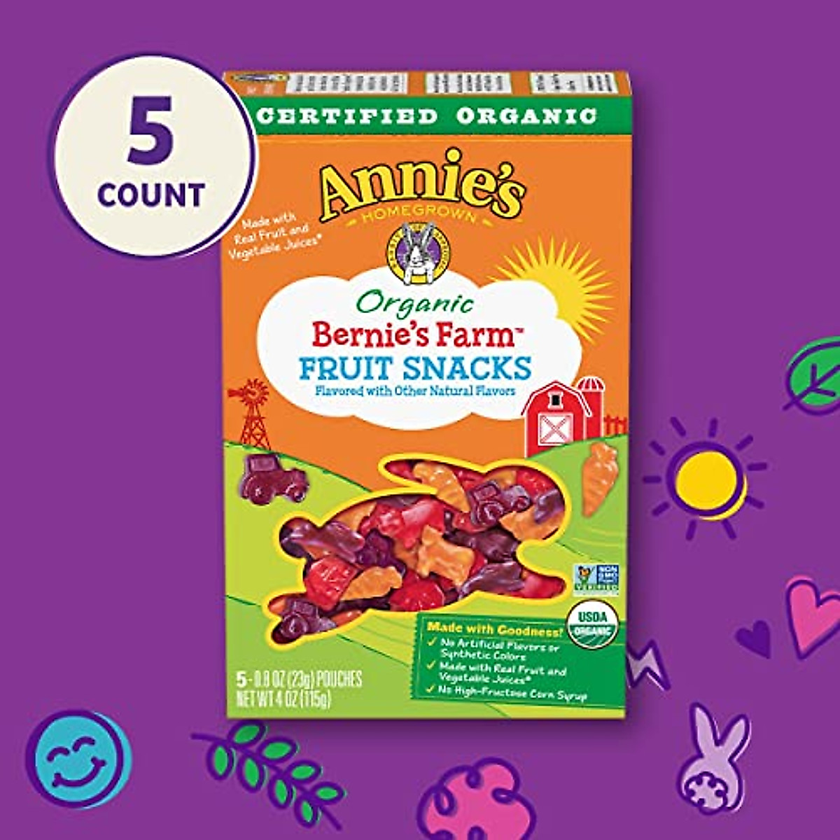 Annie's Gluten Free Organic Bernie's Farm Fruit Snacks, 4 Oz, 5 Ct