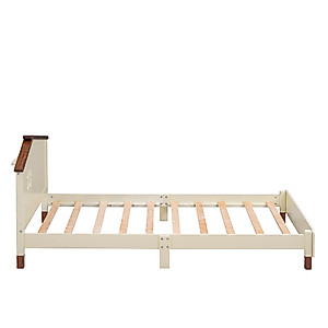 Bellemave Twin Size Platform Bed with Headboard, House Twin Bed with Support Slats, Wooden Kids Twin Size Bed Frame for Boys Girls, No Box Spring Needed, Bedroom Furniture (Cream+Walnut)