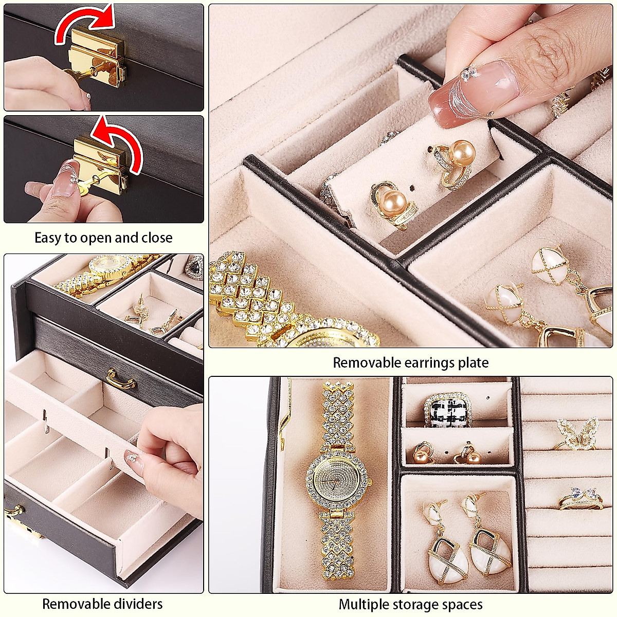 Jewelry Box for Girls Women, Jewelry Organizer Box 3 Layer with PU Leather, Travel Jewelry Case with Mirror,Jewelry Storage for Earrings Rings Bracelets Necklaces,Gifts idea for Women Girls Mom