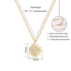 PERNNLA PEARL 18K Gold Cresent Moon Star Sun Pendant Necklaces for Women Dainty Celestial Coin Cute Necklace Layered Chain Necklaces Women Jewelry 18”