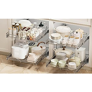 DINDON 2 Tier Pull Out Cabinet Organizer (17" W x 18" D) Heavy-Duty Metal Sliding Drawer Shelf, Two Tier Pull Out Shelves for Kitchen Cabinets, Pantry, Bathroom, Chrome Finish