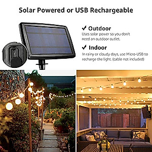 Lepro Solar Outdoor String Lights Patio Bistro Lights, 25ft 26 LED G40 Bulbs, USB Rechargeable Portable Edison Café String Lights for Porch, Pergola, Backyard, Garden, Pool, Party, Camping, 3600mAh