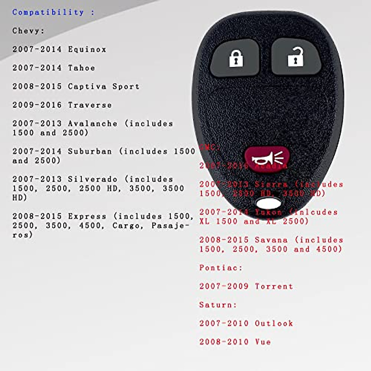 Remote Key Fob Control Replacement for Chevy Suburban Silverado Avalanche Traverse Tahoe Equinox Express, GMC Yukon Sierra Savana Acadia Enclave (OUC60270, OUC60221) 3btn 2 Pack