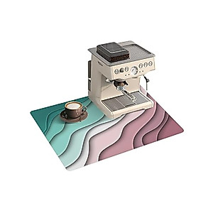 Geometric Wave Line Teal Pink Gradient Coffee Mat Coffee Maker Mat,Super Absorbent Coffee Bar Accessories,Modern Abstract Ocean Beach Non-slip Coffee Station Mat Dish Drying Pad,16x18in