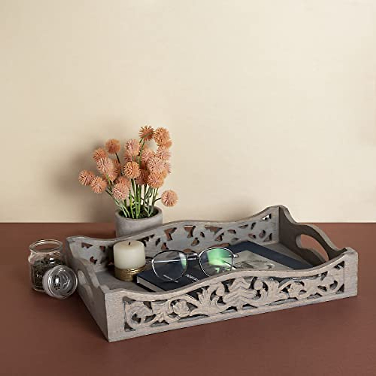 GoCraft Handmade Wooden Tray with Handles | Wood Ottoman Tray, Serving Tray for Breakfast in Bed, Tea, Coffee with Cutout Handles | Grey Washed Finish, Lattice Design (15" X 10" x 3")