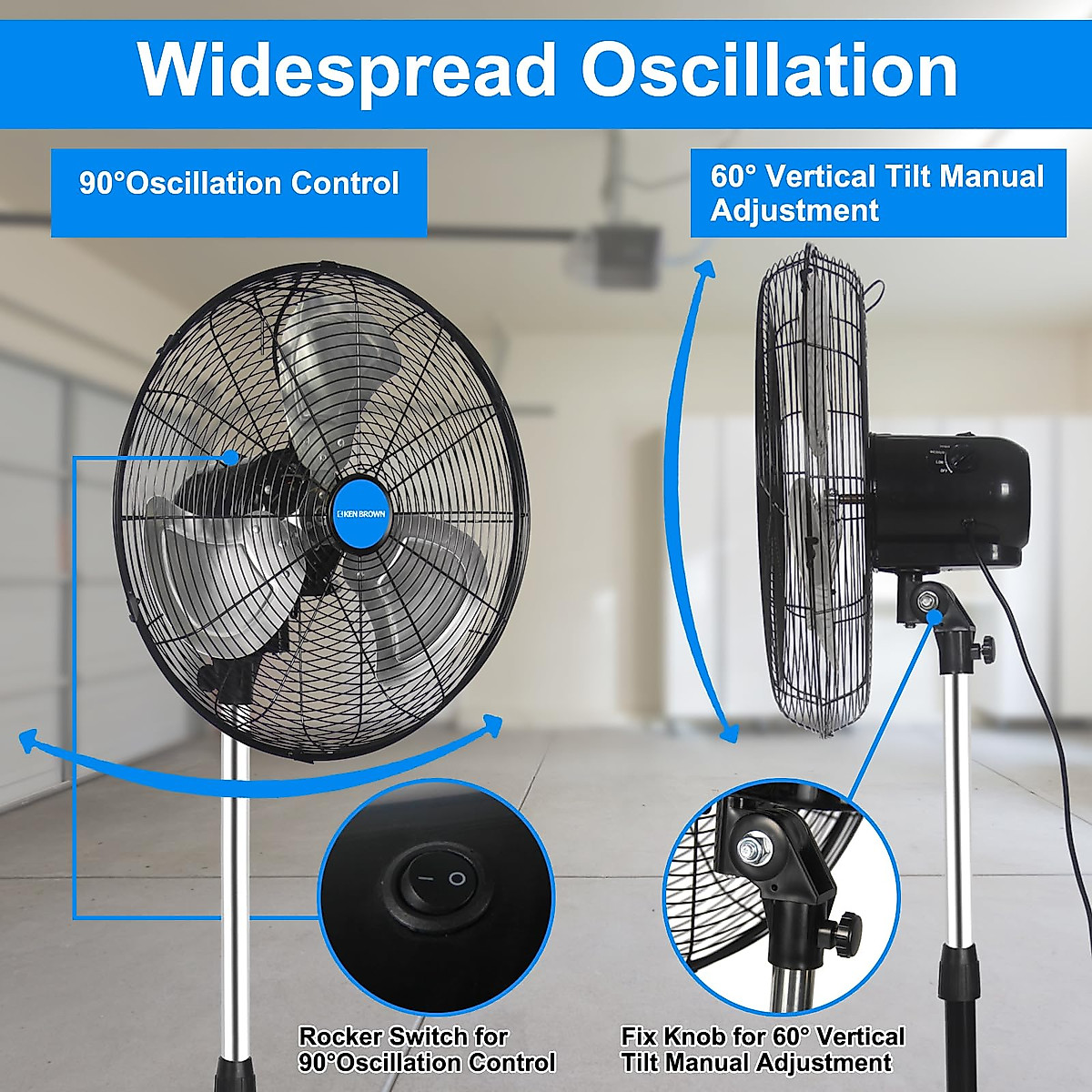KEN BROWN 20 Inch Pedestal Floor Fan 6000CFM, Oscillating Standing Fan, Adjustable Height, 3 Speeds, Aluminum Blades, Metal Stand Up Fan For Industrial, Commercial, Residential, Shop
