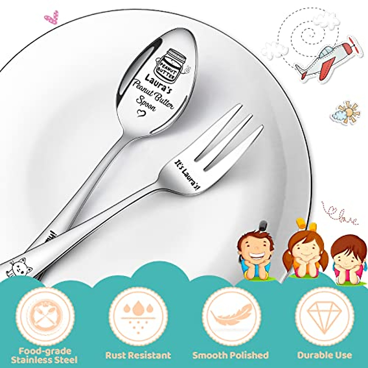 Nibana Custom Toddler Utensils, 2 PCS Personalized Kids Silverware Set, Stainless Steel Toddler Fork and Spoon with Engaved Name Dinosaur Unicorn Bunny, Mirror Polished, Dishwasher Safe