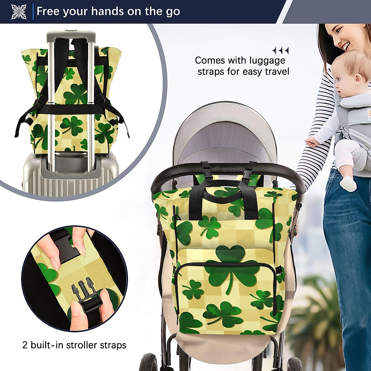St. Patrick's Day Shamrock Diaper Bag Backpack for Baby Boys Girls Baby Essentials Travel Tote with Stroller Straps & Bottle Storage Nappy Changing Bag for Traveling Shopping Hiking Moms Dads