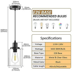 Industrial Pendant Lights, Modern Clear Glass Shade Pendant Lighting, Black Pendant Light Fixtures Ceiling Light, Farmhouse Pendant Lighting for Kitchen Island Hallway Porch Corridor Bedroom, 3-Pack