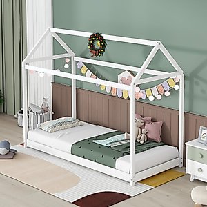 Twin Size House Bed, Wooden Daybed, Floor Bed for Toddlers, Teens, Girls, Boys, Kids House Bed Frame Can Be Decorated (White)