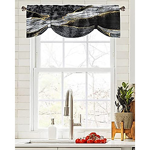 Tie Up Valance for Windows Black Abstract Marble Curtains Valances Rod Pocket Valance Window Treatments White Malachite Gold Veins Tie-up Shade Valance for Kitchen Living Room Bedroom 1 Panel 60x18