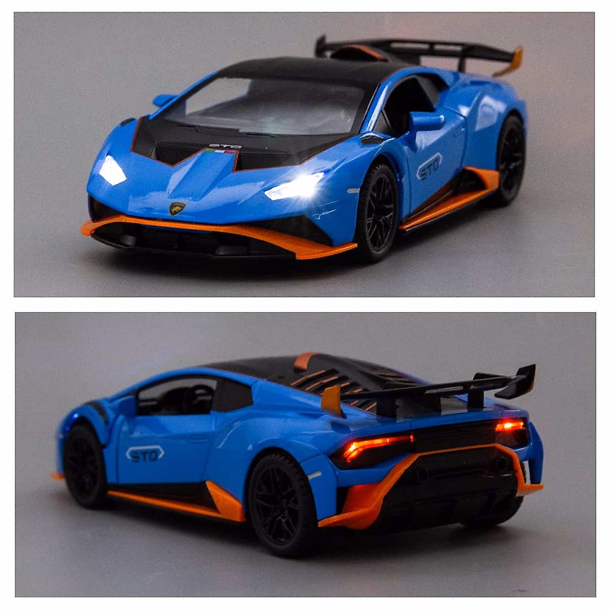 WAKAKAC Model Car 1/24 Scale Compatible for Lambo Huracan STO Die-cast Toy Vehicle Pull Back with Light and Sound Toy Car Door Can be Open (Blue)