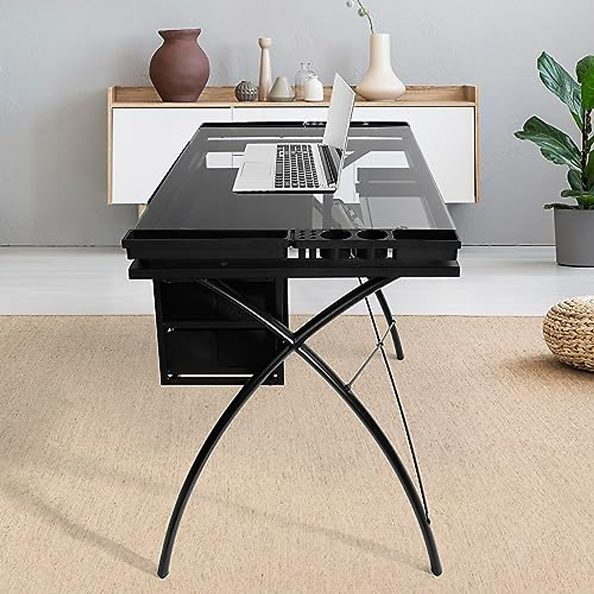 ComfyCorner Drafting Table for Artists, Adjustable Drawing Desk with Tempered Glass Tabletop, Tilting Draft Workstation Table with w/2 Drawers and Tray, Black